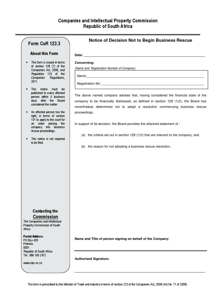 Form CoR 123.3 Notice To Not Commence Business Rescue Proceedings | PDF