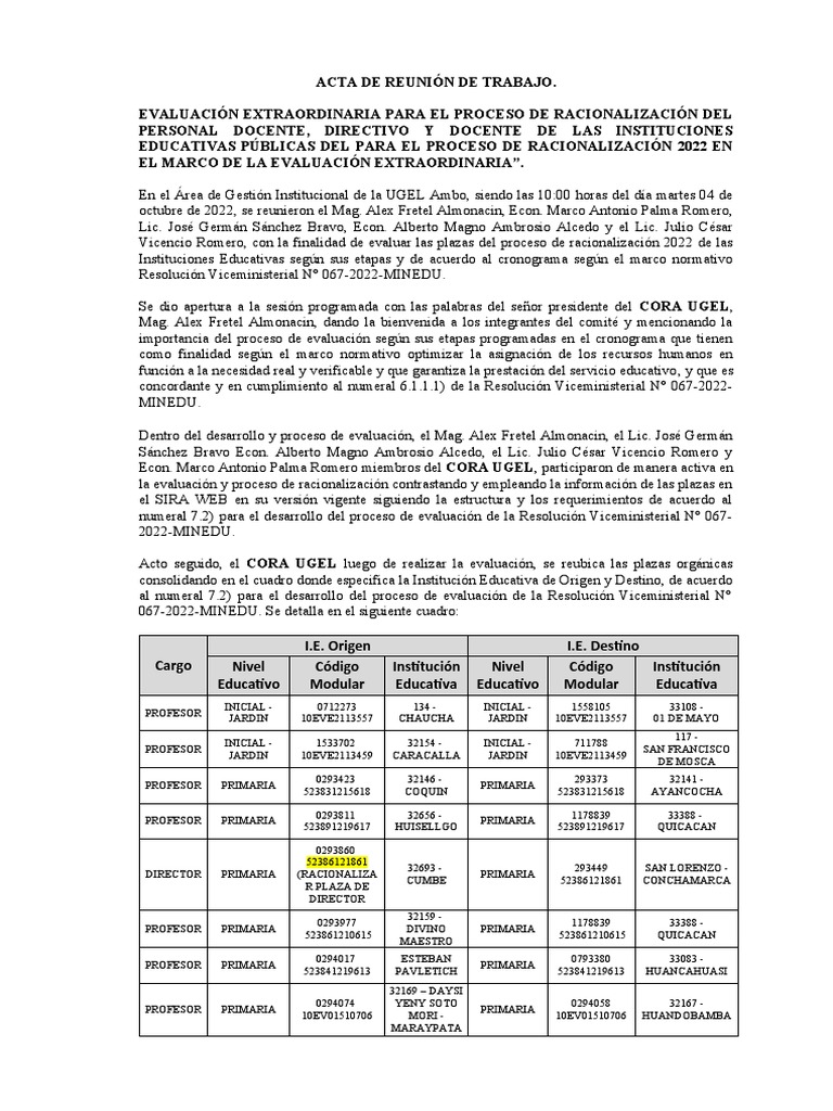 Acta Reubicación de Plazas | PDF