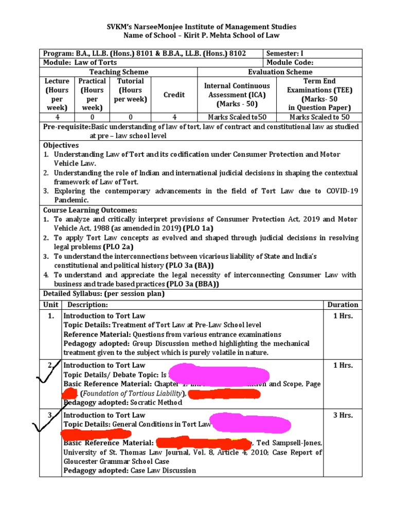Course Outlines - Sem I - Law of Torts | PDF | Tort | Negligence