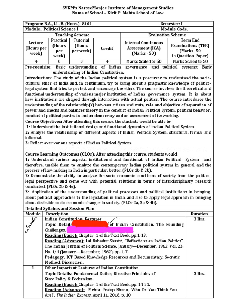 Course Outlines - Sem I - Political Science I | PDF | Science | Judiciaries
