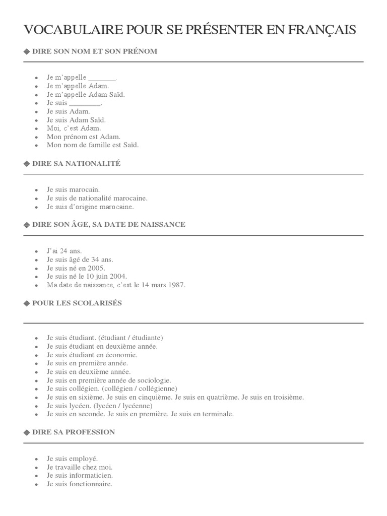Vocabulaire pour se présenter en français | PDF