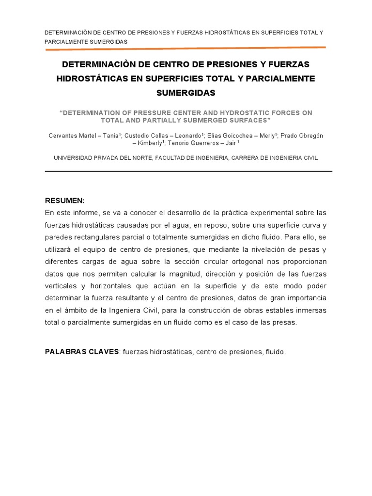 Determinaciòn de Centro de Presiones y Fuerzas Hidrostáticas en ...