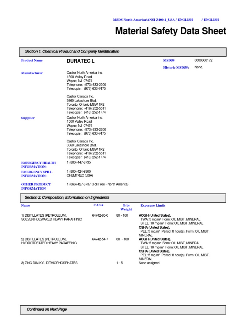 Castrol Duratec L | PDF | Toxicity | Carbon Dioxide