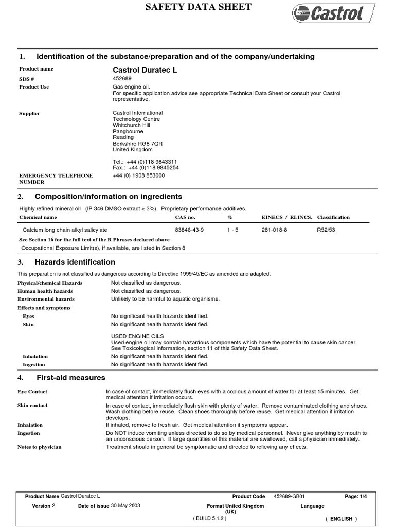 Castrol Duratec L40 | PDF | Regulatory Compliance | Firefighting