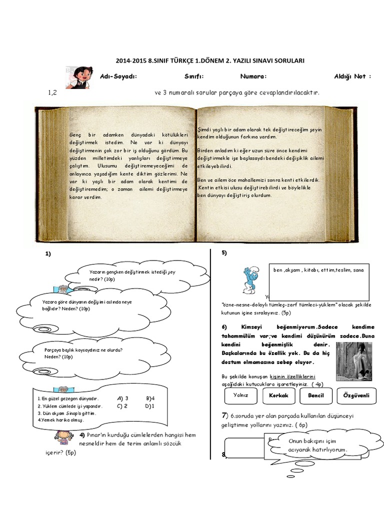 2014-2015 8.SINIF TuRKcE 1 .DONEM 2 - YAZILI SINAVI SORULARI | PDF