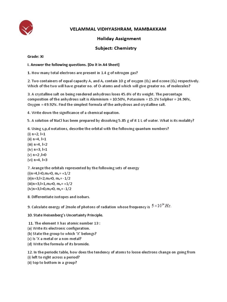 Gr11-Chemistry Assignment | PDF | Atomic Orbital | Periodic Table