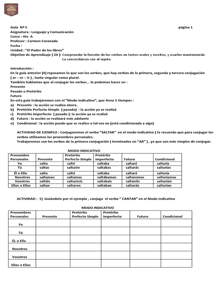 Guia 5 Lenguaje 4°a | PDF | Verbo | Conjugación gramatical