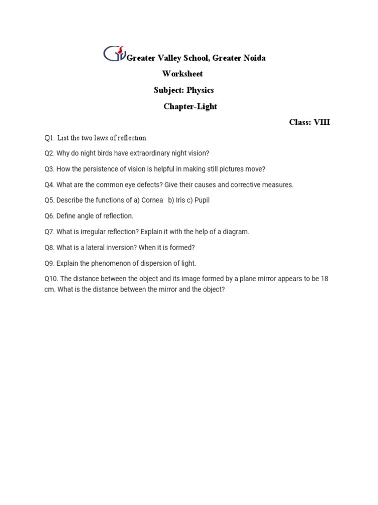 Class 8 Ch-Light Worksheet | PDF
