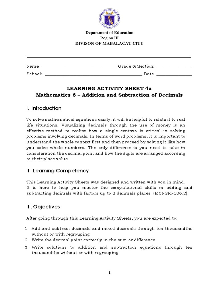 Math 6: Adding & Subtracting Decimals | PDF | Subtraction | Elementary ...