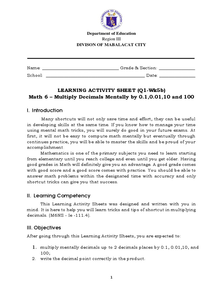 Mathematics G6 - Q1 - Wk5b - Multiplying Mentally Decimals by 0.10.0110 ...
