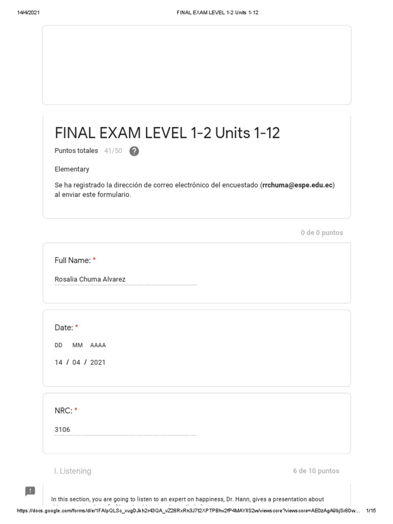 FINAL EXAM LEVEL 1-2 Units 1-12 | PDF | Linguistics