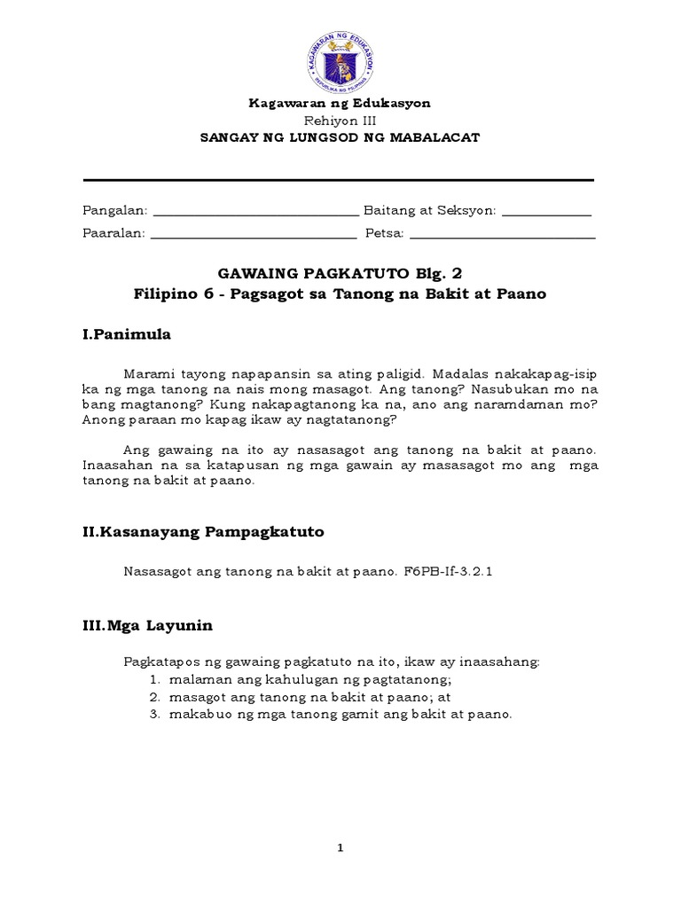 FILIPINO6 - Q1 Wk2 - Nasasagot Ang Tanong Na Bakit at Paano | PDF FILIPINO6 - Q1 Wk2 - Nasasagot Ang Tanong Na Bakit at Paano | PDF