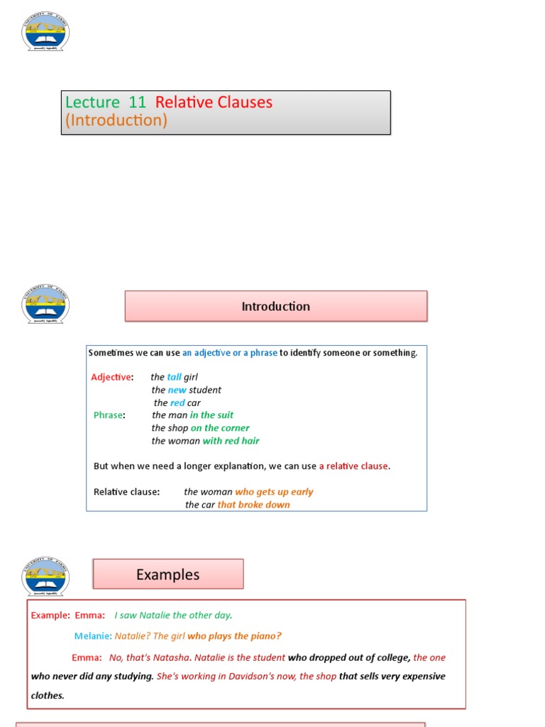 Lecture 11 Relative Clauses (Introduction) | PDF | Pronoun | Noun