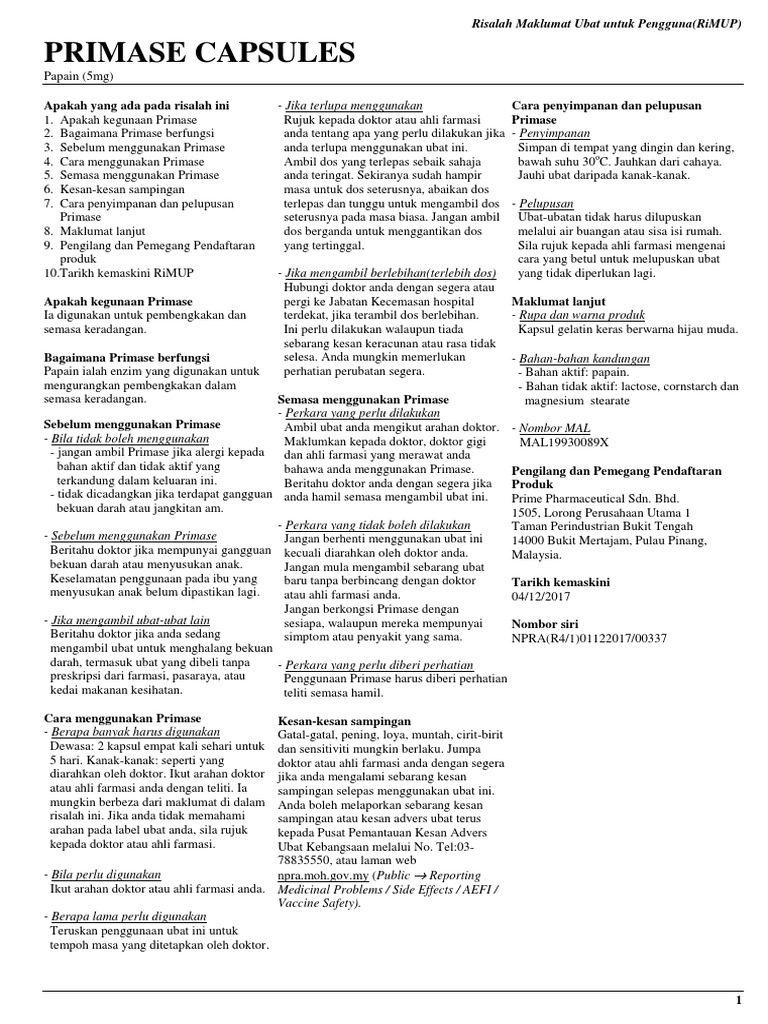 Primase Capsule Papain Prime Pharmaceutical SDN BHD 4 DEC 2017 BM 1 | PDF