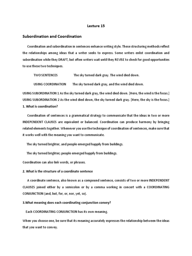 Lecture 15 Coordination And Subordiantion Pdf Semantic Units Linguistic Morphology