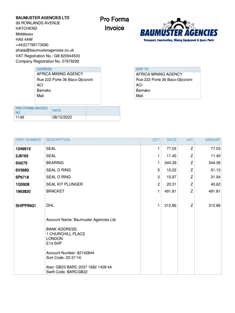 Pro Forma Invoice for Africa Mining Agency | PDF