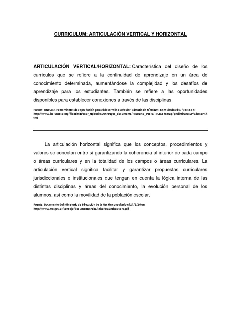 Curriculum-Articulación Vertical y Horizontal | PDF