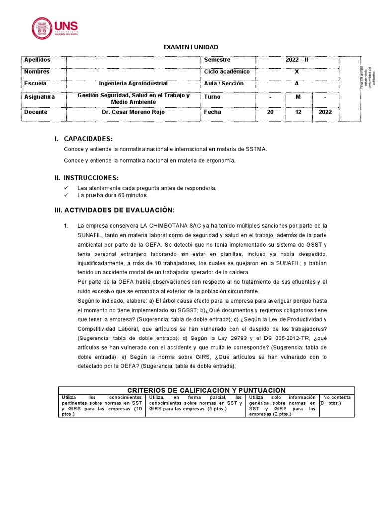 Examen I Unidad-Dr. Cesar Moreno Rojo | PDF | Prueba (evaluación)