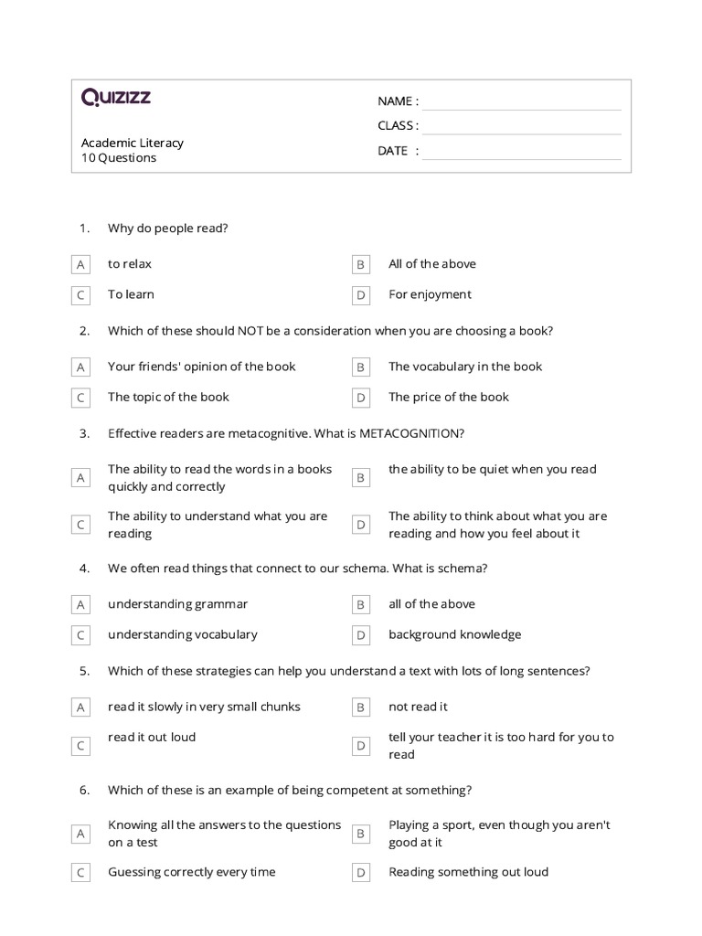 Academic Literacy Quiz | PDF | Metacognition | Cognition