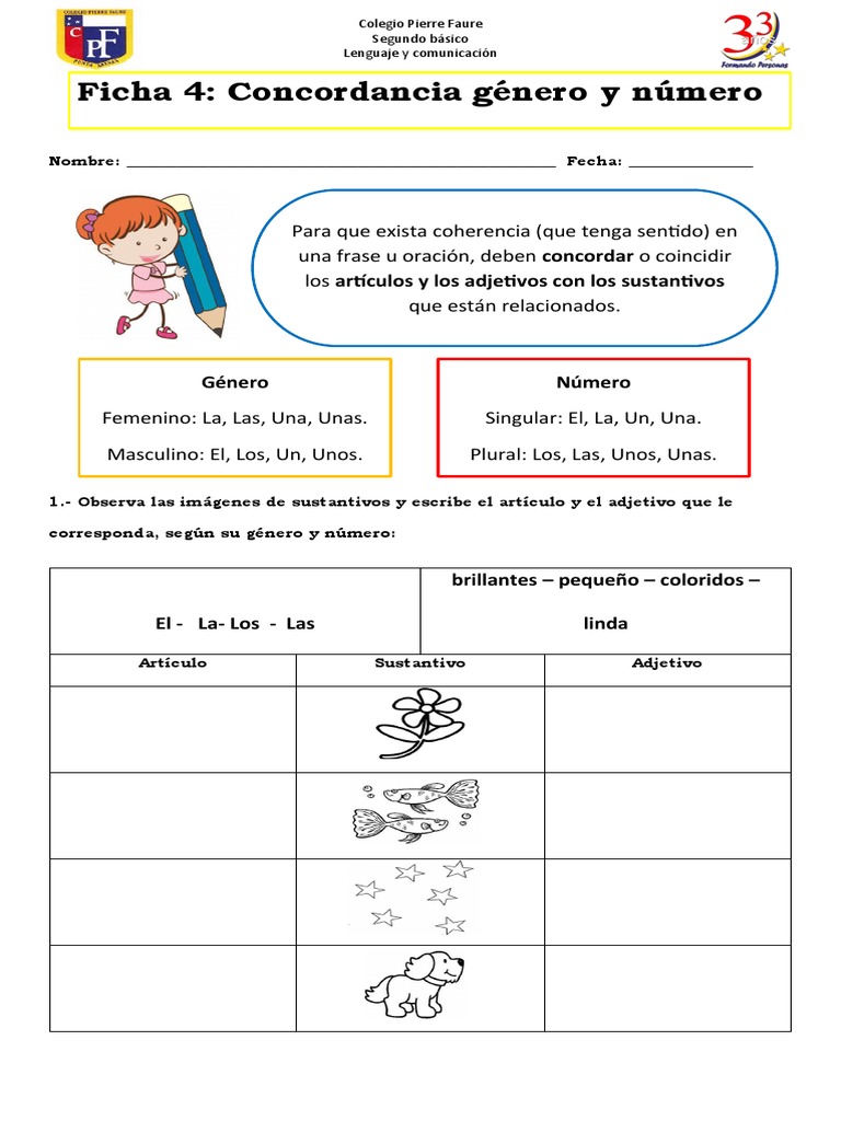Ficha 4 Concordancia Género y Número | PDF | Adjetivo | Sustantivo