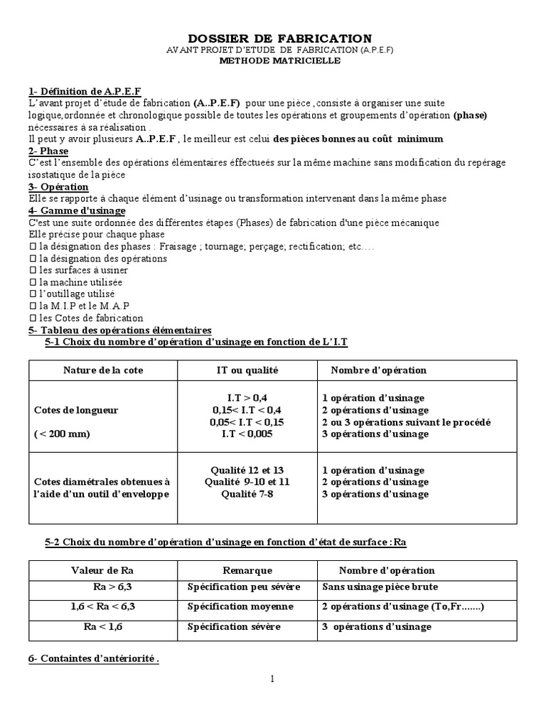 Dossier de fabrication A.P.E.F en industrie | PDF | Usinage | Processus industriels