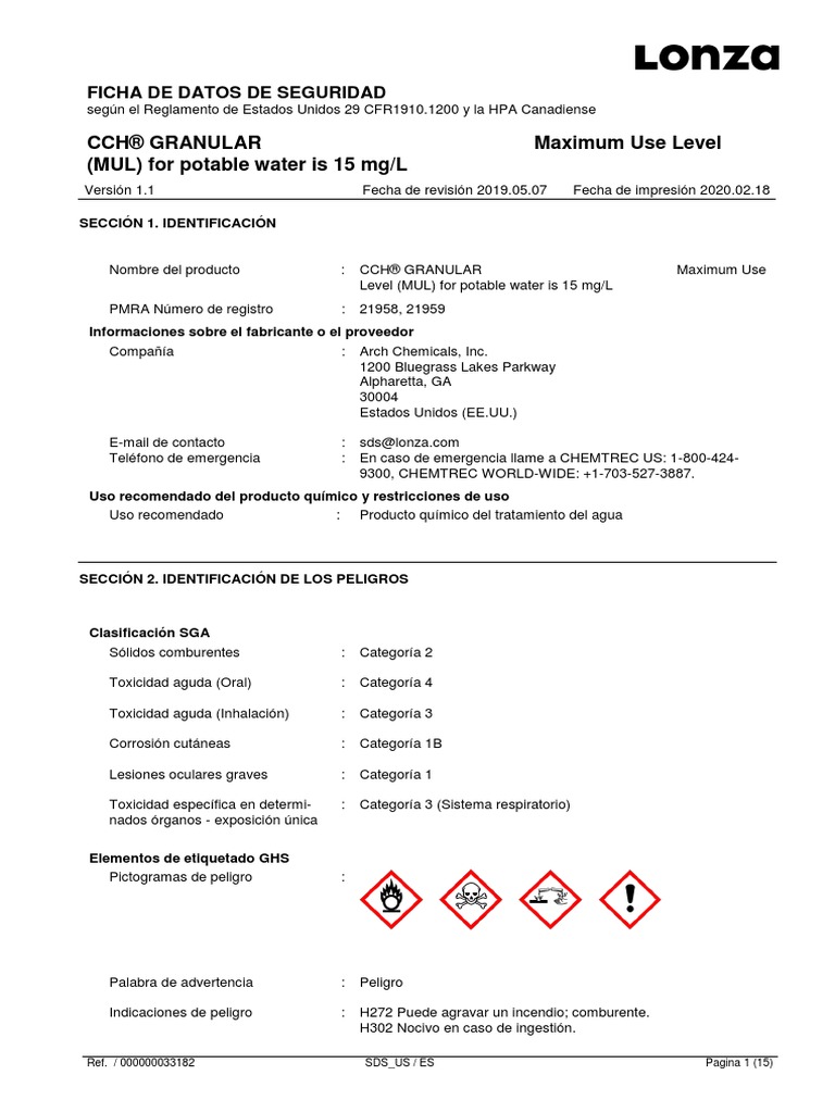 FDS - CCH Granular (Cloro Al 70) - Lonza 2019 | PDF | Agua | Residuos
