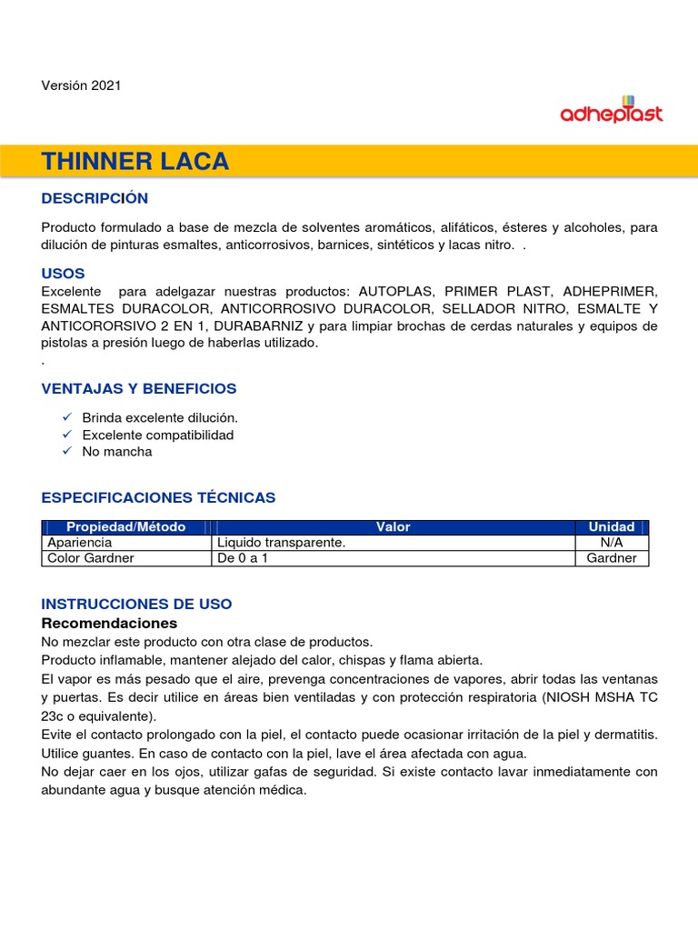 Ficha Tecnica de Thinner Laca | PDF | Agua | Química