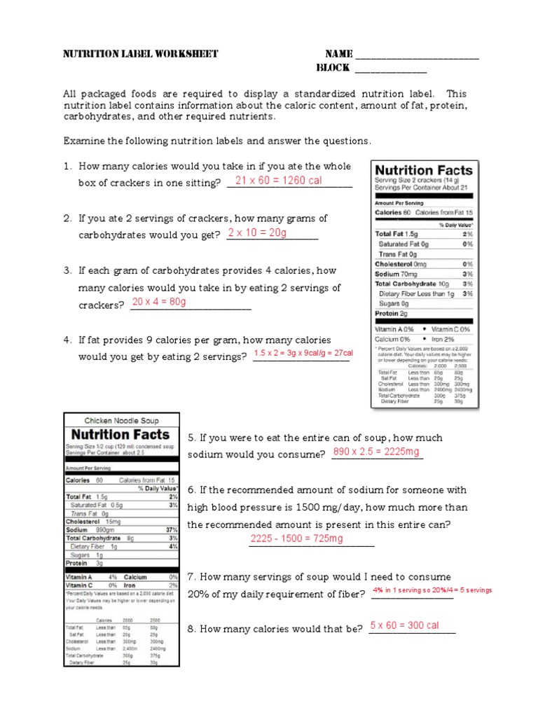 2.1a_nutrition_label_worksheet_1_key | PDF | Nutrition Facts Label ...