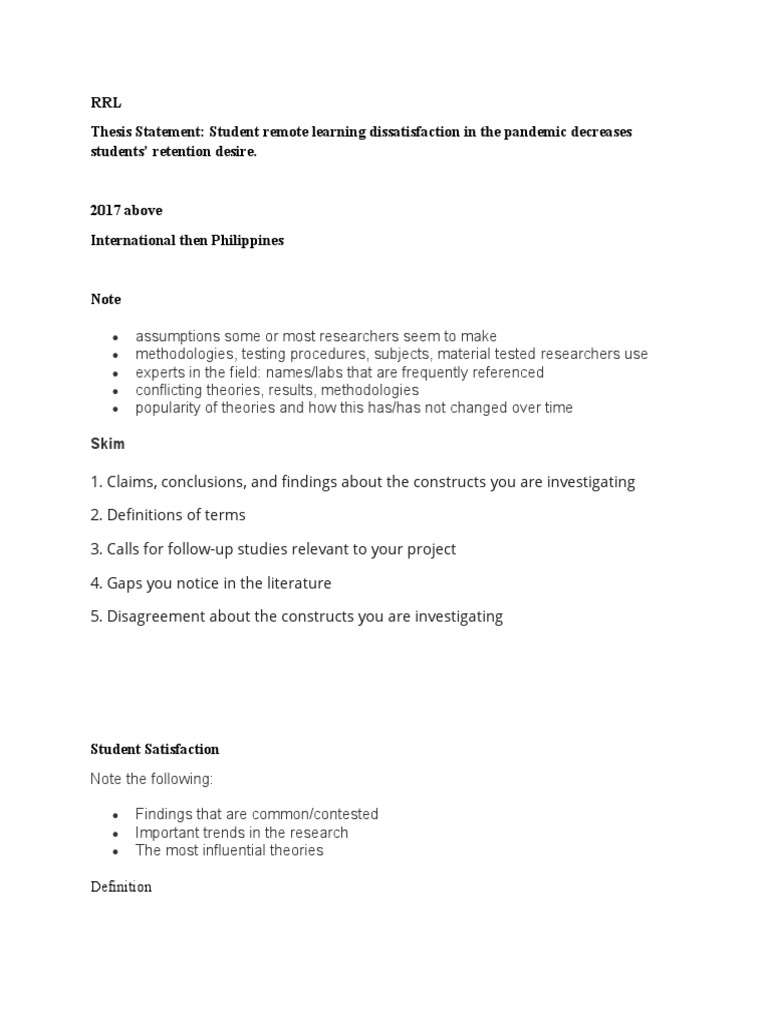 RRL Thesis Statement: Student Remote Learning Dissatisfaction in The ... RRL Thesis Statement: Student Remote Learning Dissatisfaction in The ...