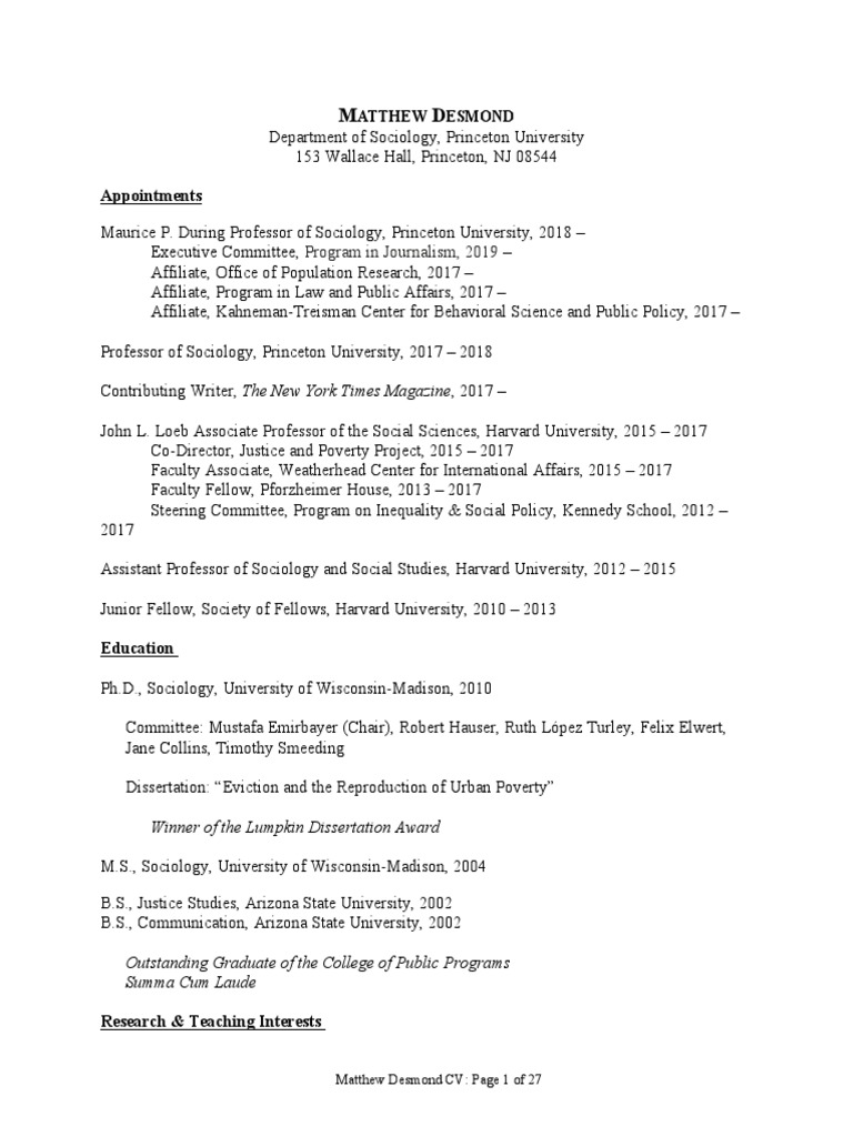 Matthew Desmond CV | PDF | Sociology