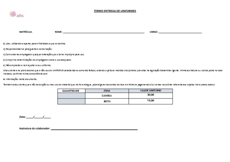 Termos De Uso E Responsabilidade Pelo Uniforme Corporativo Pdf