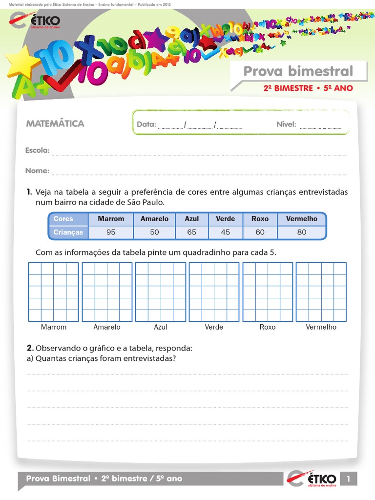 2012 5o Ano Prova Bimestral 2 Caderno 2 Matematica | PDF | Mochila | Cor