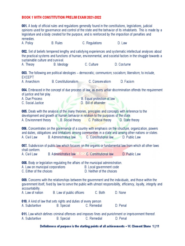 B1 W CONSTI PRELIM EXAM NO Ans 2021 | PDF | Constitution | Due Process