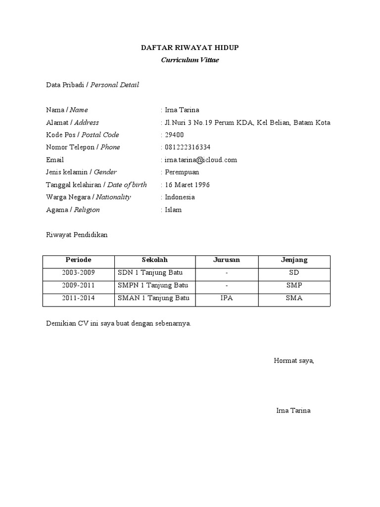 CV Irna Tarina dan Mohammad Gumay | PDF