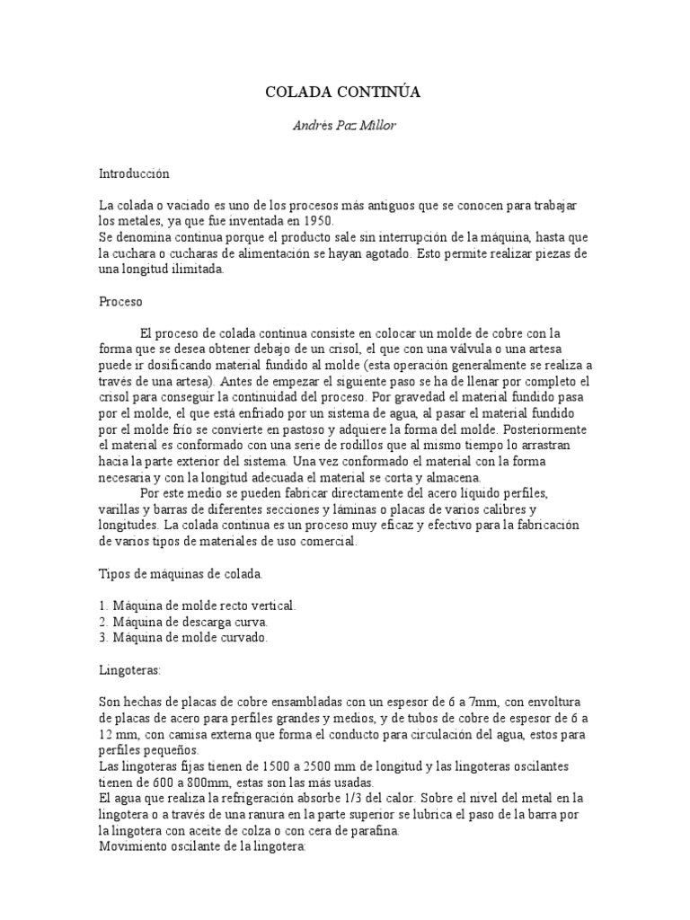 Colada Continua Del Acero | PDF | Acero | Cobre