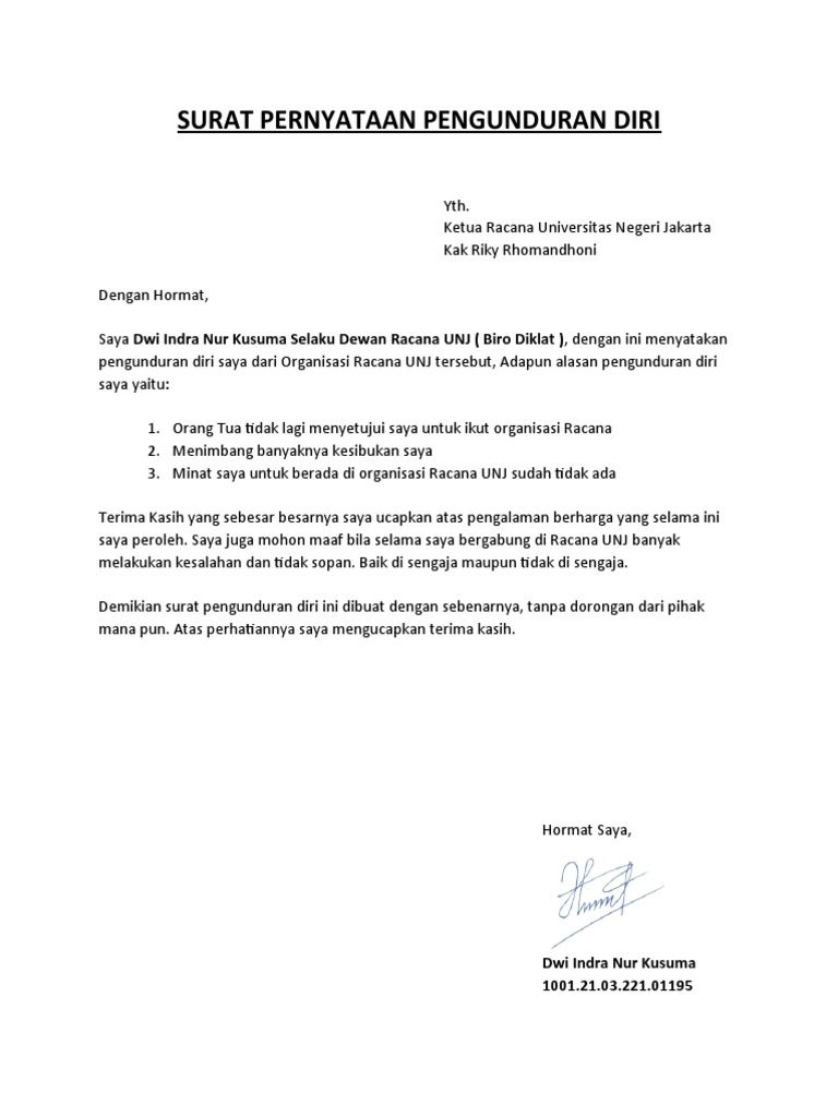 SURAT PENGUNDURAN DIRI RACANA UNJ | PDF