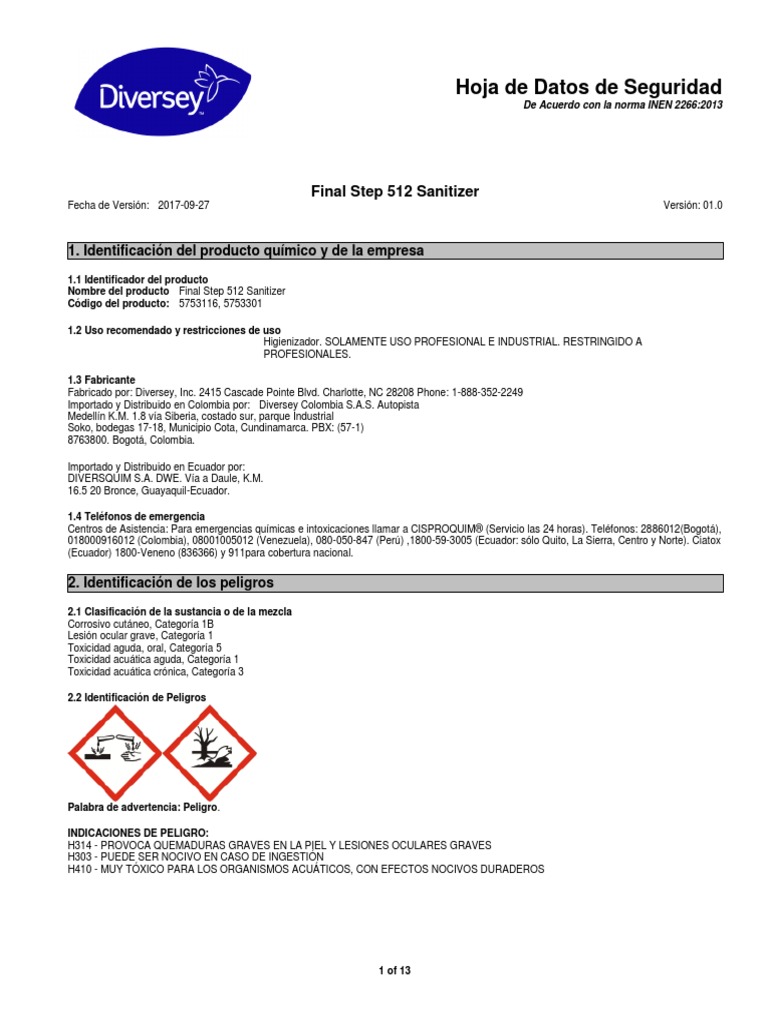 SDS Final Step 512 Sanitizer | PDF | Agua | Higiene Ocupacional