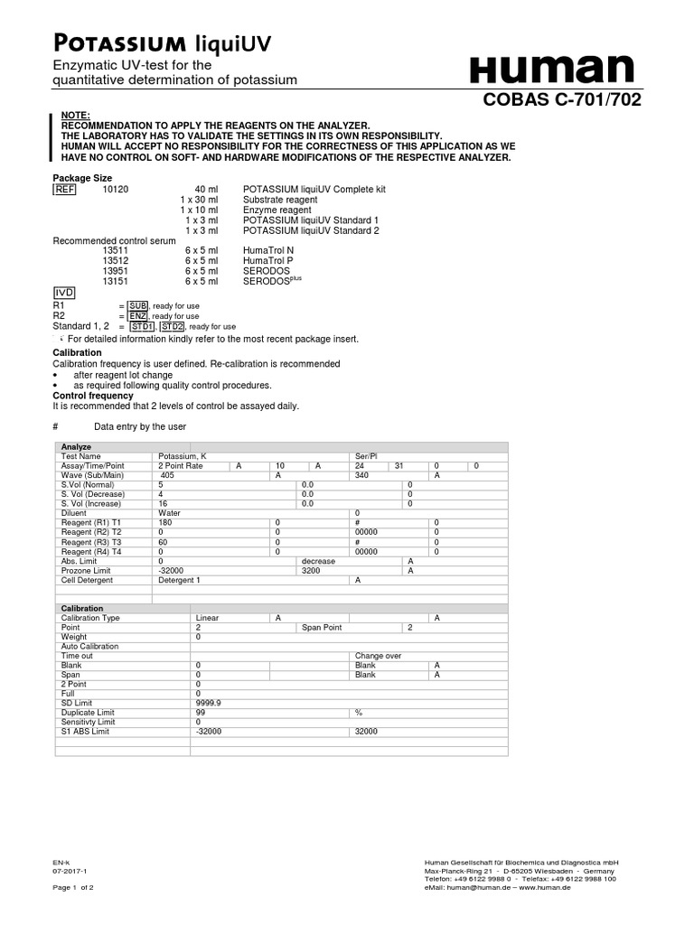Potassium Enz Cobas c-701 702 | Download Free PDF | Assay | Chemistry