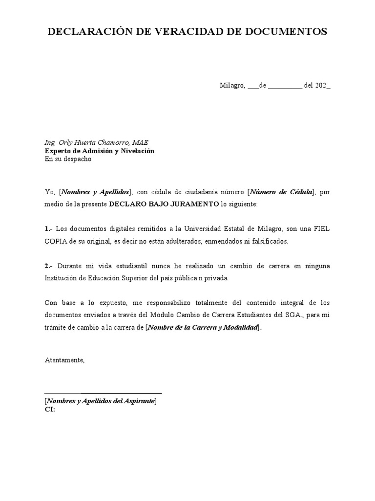 Declaracion de Veracidad de Documentos 2 | PDF