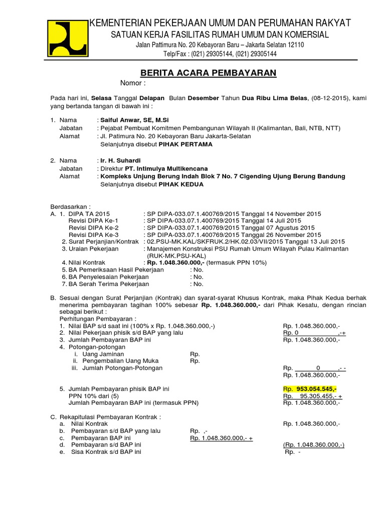 Berita Acara Pembayaran | PDF | Bisnis | Pengelolaan Keuangan & Uang