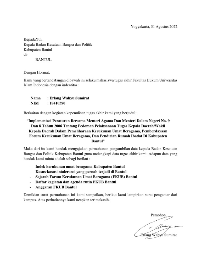 Contoh Permohonan Pengambilan Data KESBANGPOL | PDF