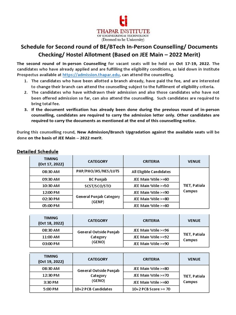 TIET 2022 Second Round Counselling Schedule | PDF | Notary Public