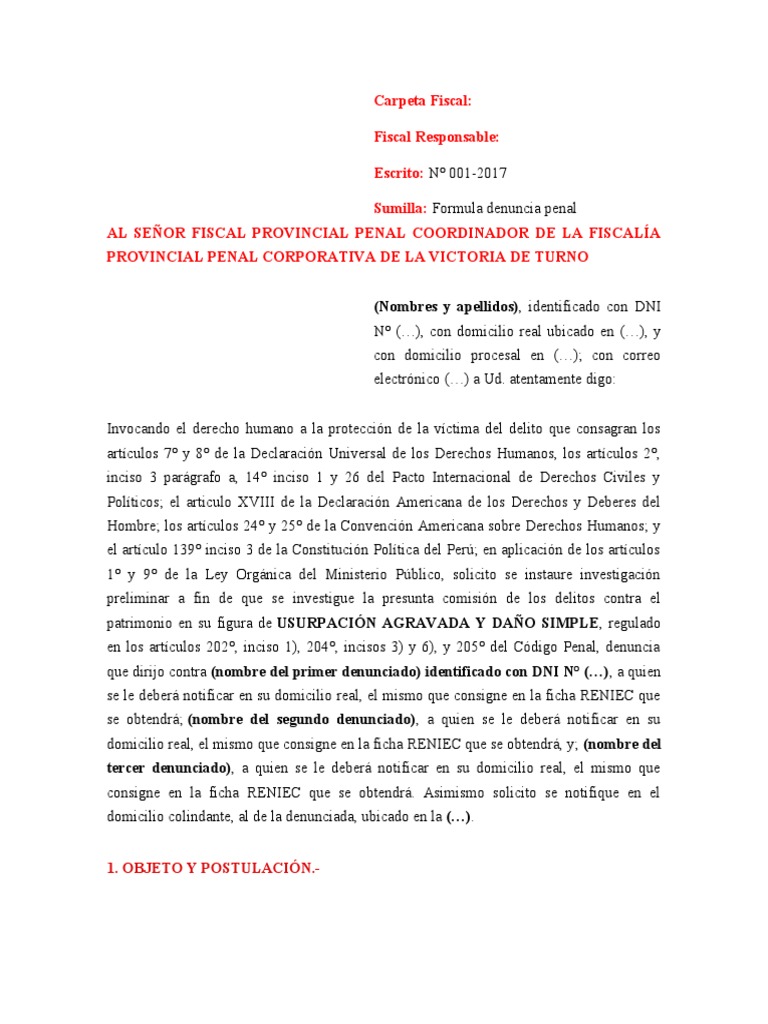 MODELO DE DENUNCIA DE USURPACIÓN Y DAÑOS | PDF | Derecho penal | Castigos