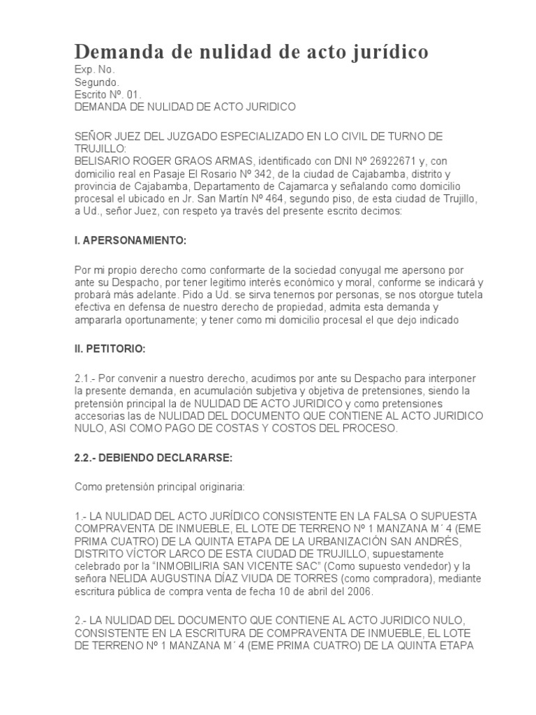 MODELO Demanda de Nulidad de Acto Jurídico | PDF | Demanda judicial | Propiedad