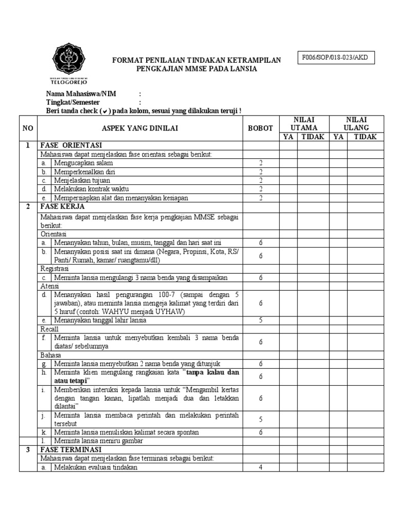 Format Penilaian Tindakan Ketrampilan Mmse | PDF