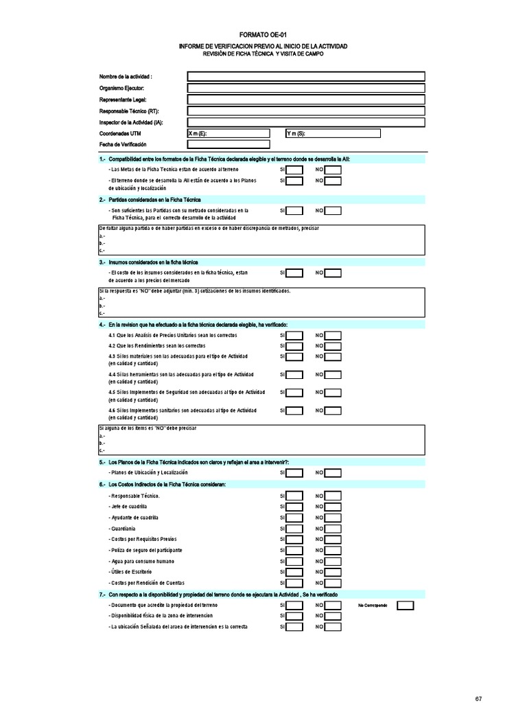 Formato Oe-01 Informe de Verificacion Previo Al Inicio de La Actividad | PDF