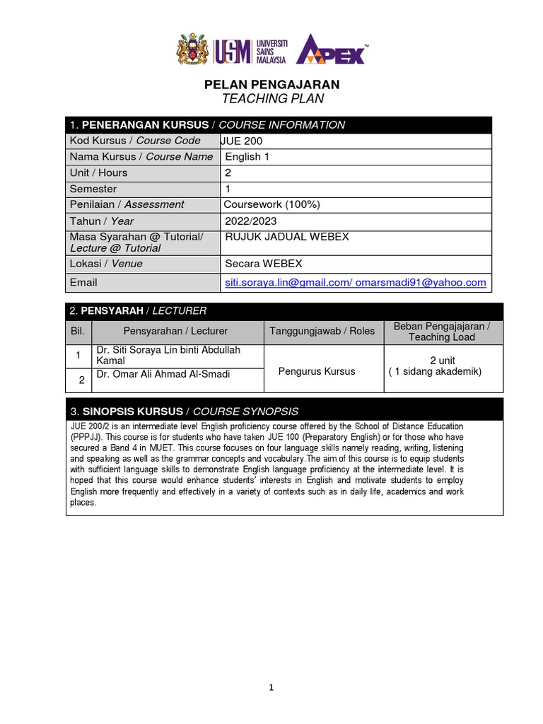 Teaching Plan JUE 200 (2022-2023) Tiada TTGN TDA | PDF | Word | Vocabulary