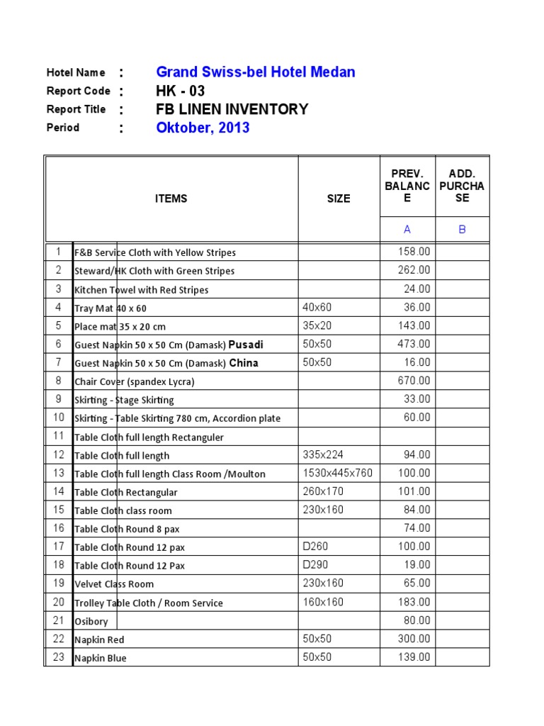 FB Linen Inventory GSBM 19 Nov | PDF | Bed | Decorative Arts