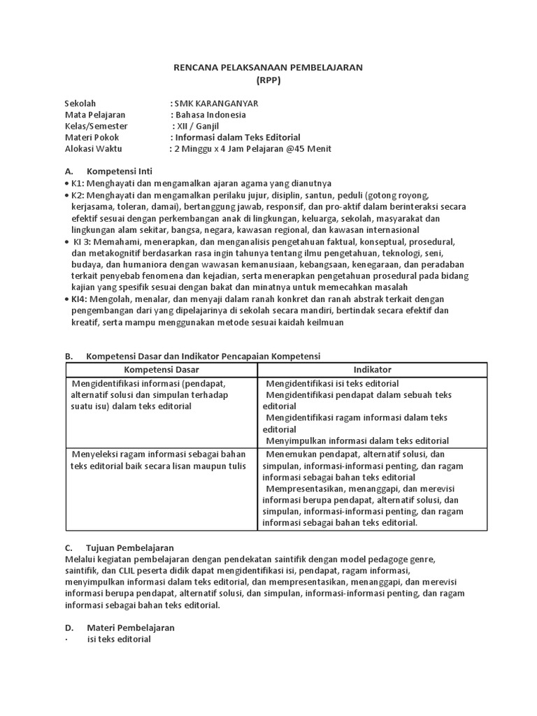 RPP 3.5 Dan 4.5 B. Indo Kelas 12 Rev 2018 Websiteedukasi | PDF