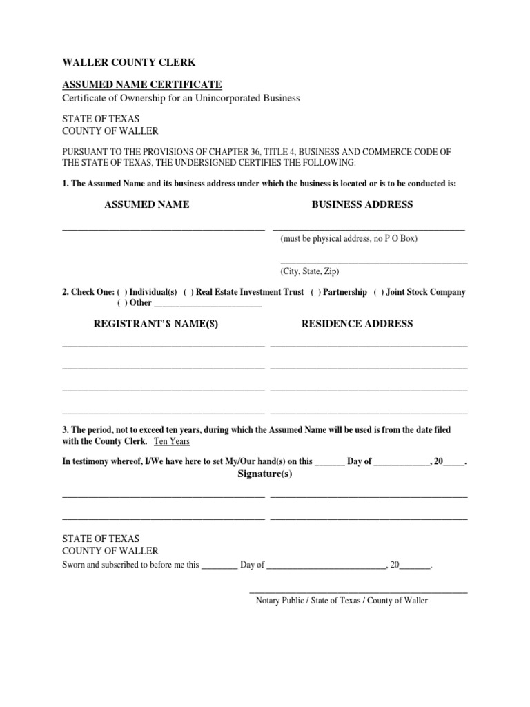 Waller County Assumed Name Certificate | PDF | Finance & Money ...